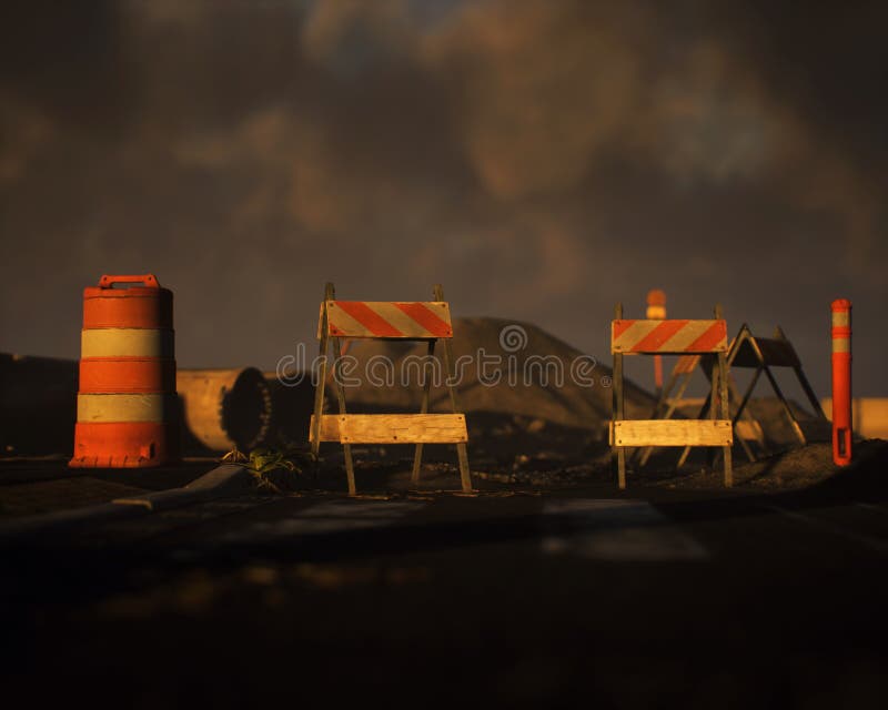 Roadside Construction Area during Sunset with a Cloudy Sky. Stock ...
