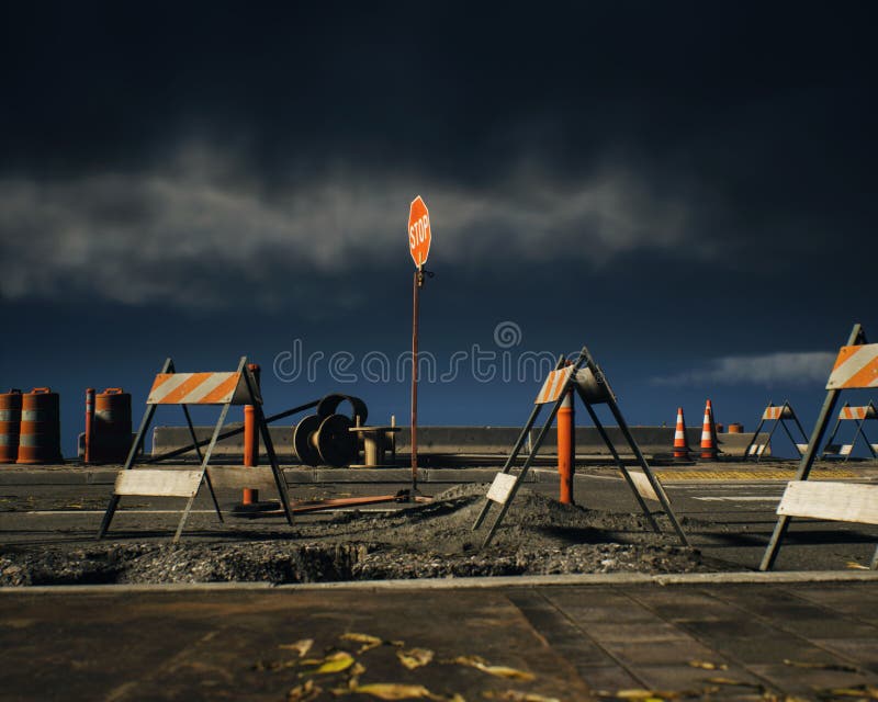 Roadside Construction Area Under a Dark Cloudy Sky. Stock Illustration ...