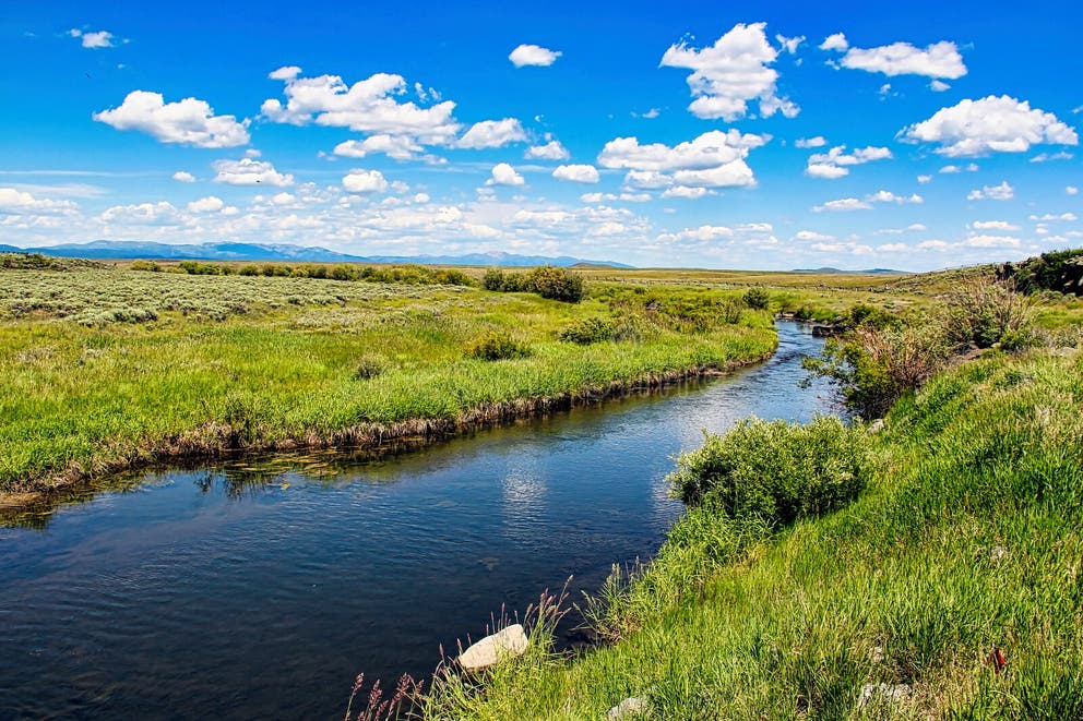Beautiful Spring View Green Meadows Along a Creek while Driving Red ...