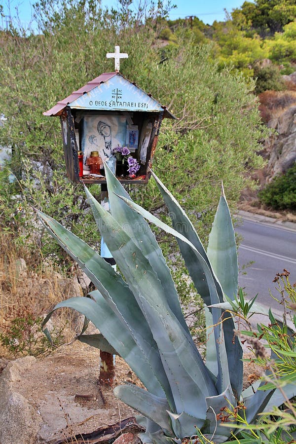 Roadside Shrine, Agave, Greek Shrine on a Pole Stock Image - Image of ...