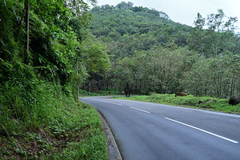 Roadside View of a Steep Mountain Road on Rainy Day with Sharp Turn ...