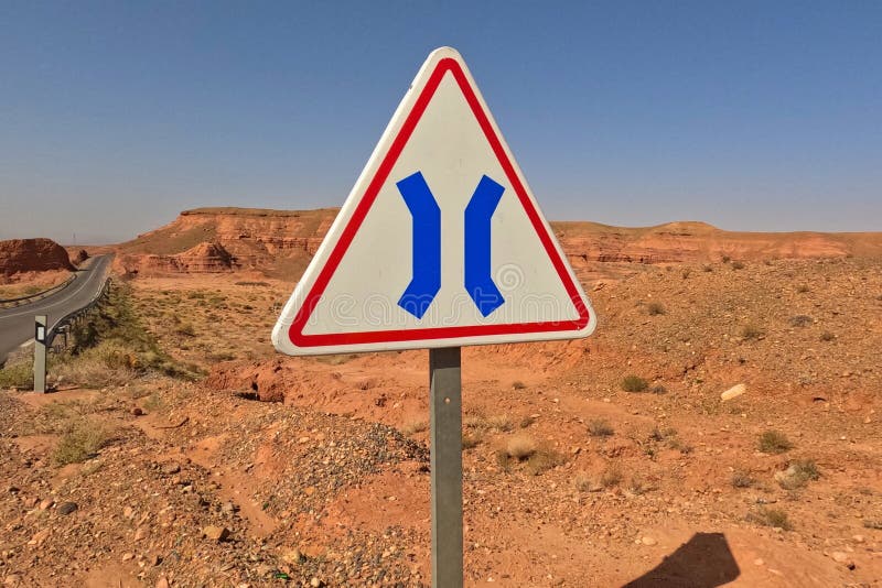 Triangle Narrow Road Warning Sign Stock Photo - Image of roadsign ...