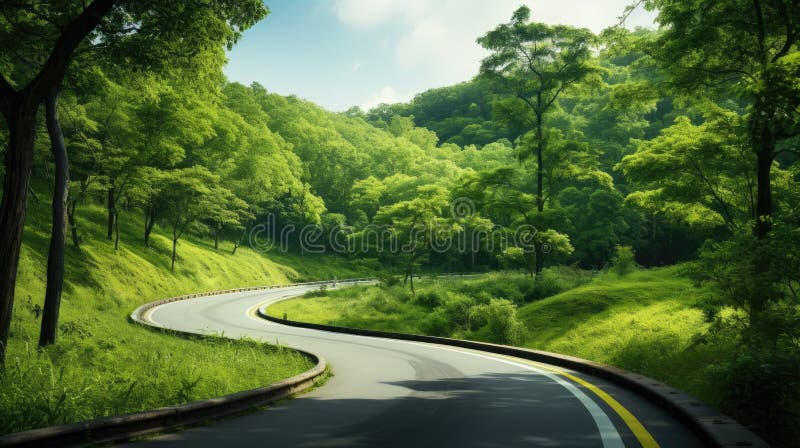 A Roadway Winding through Lush Green Trees, the Natural Splendor and ...