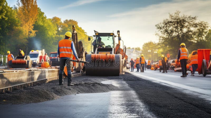 Roadwork in Action - the Busy Scene of Workers and Machinery at a ...