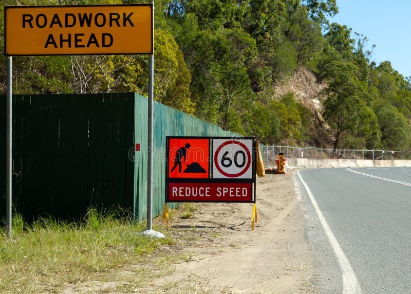 Roadwork Ahead Sign Board in Australia Stock Image - Image of person ...