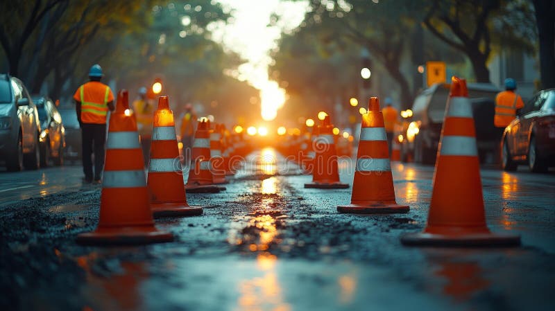 Roadwork Construction at Sunset with Traffic Cones Generative AI Stock ...