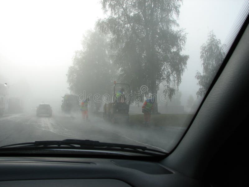 Roadwork in fog stock photo. Image of raindrop, traffic - 1299308