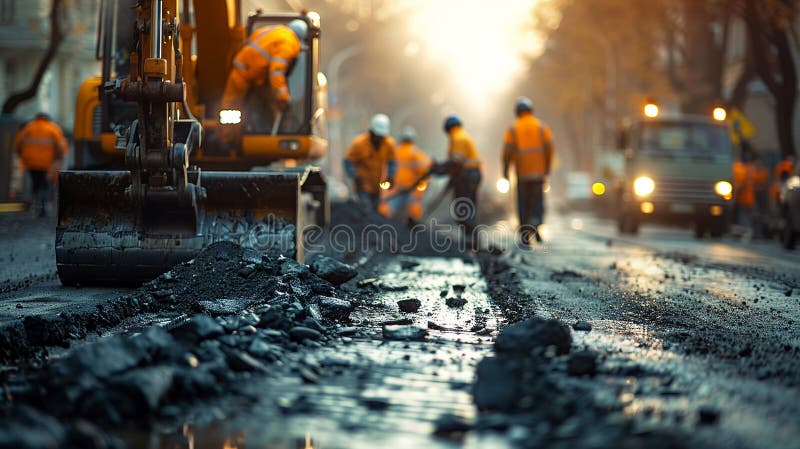 Roadwork in Progress with Construction Workers, Captured for Commercial ...