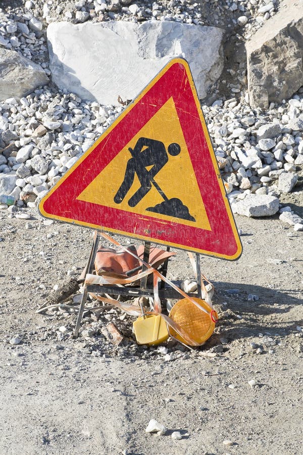 Roadwork Sign in a Construction Site with Gravel and Stones Stock Photo ...
