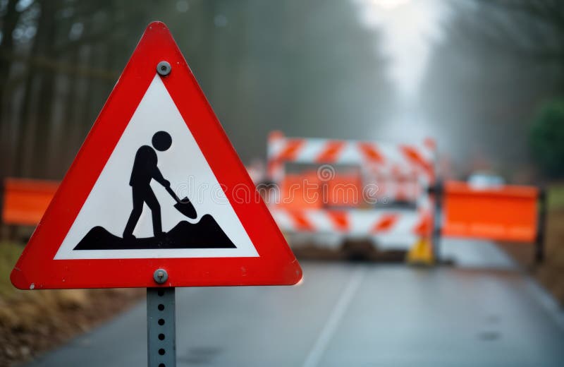 Roadwork Sign Warns of Construction Ahead. Roadblock, Traffic Sign ...