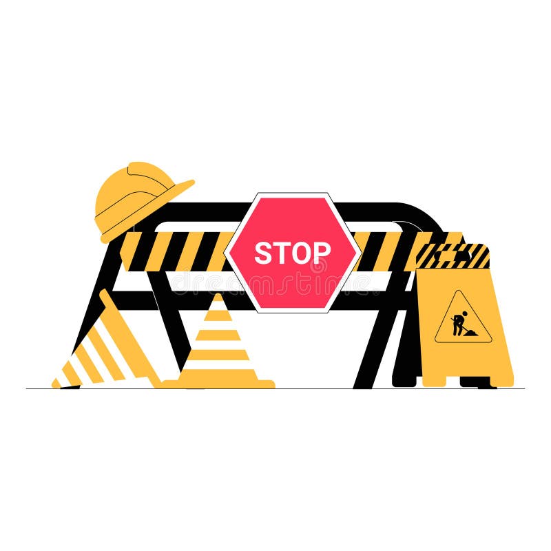 Roadwork Signage with Stop Board in Flat Vector Illustration ...