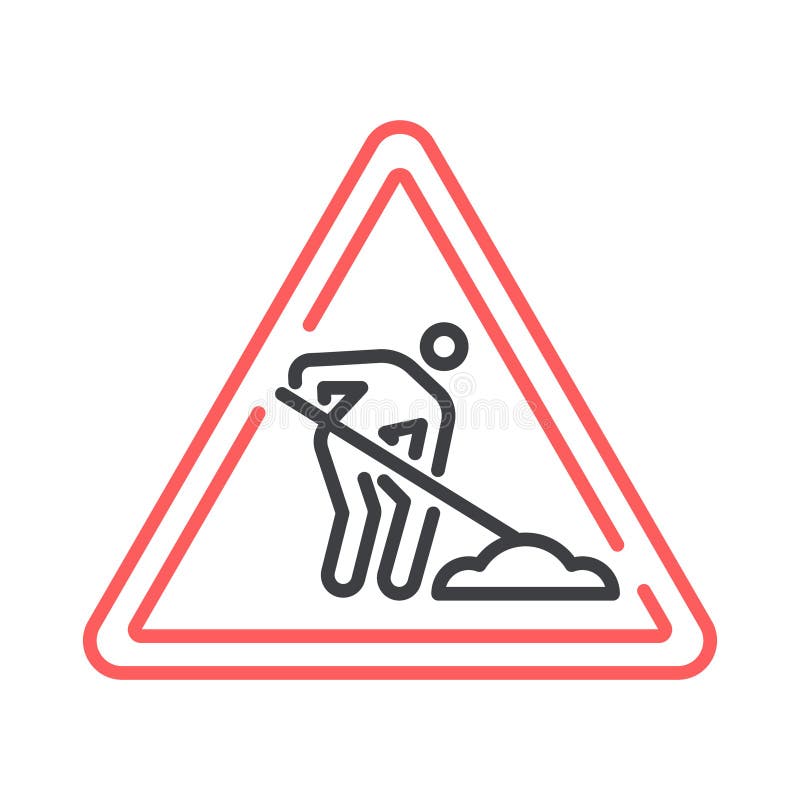 Roadwork Symbol Icon with Man and Shovel in Red Triangle, Vector Thin ...