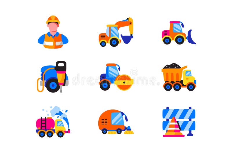 Roadwork Technique Icons Set Stock Vector - Illustration of traffic ...