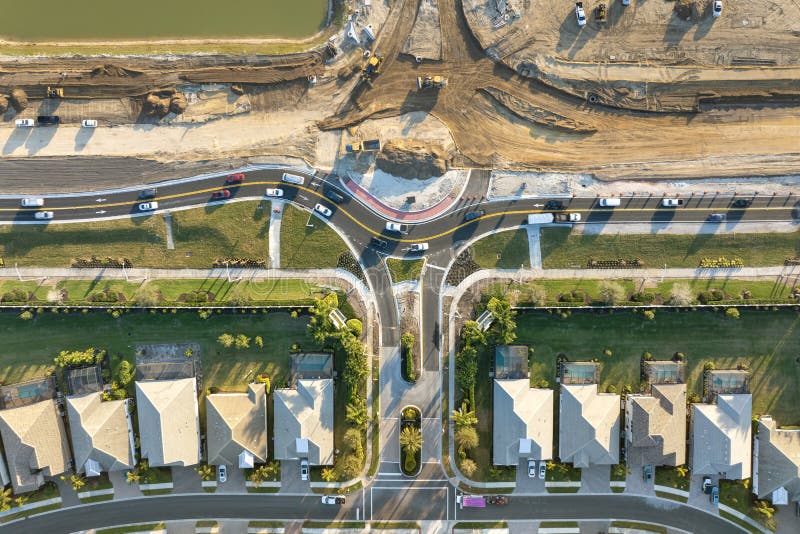 Roadworks Construction Site at Roundabout Intersection on American ...