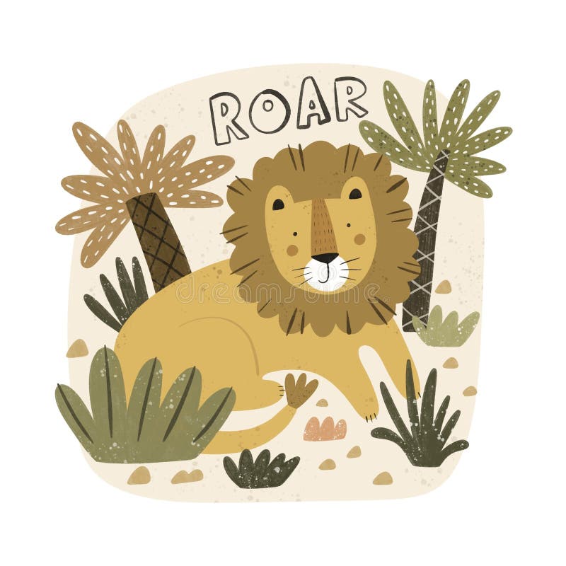 Roar. Cartoon Lion, Hand Drawing Lettering. Flat Style, Colorful ...