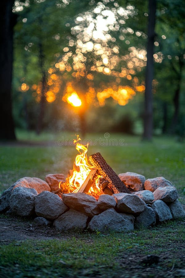 Roaring Campfire in a Rugged Stone Pit Set in the Forest, Flames ...