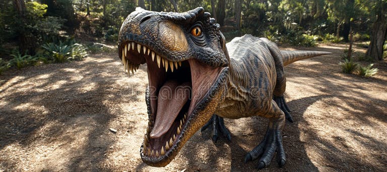 Roaring Dinosaur in a Lush Jungle, Prehistoric Creature with Sharp ...