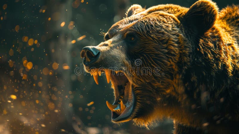 Roaring Ferocious Grizzly Bear with Fierce Teeth and Golden Mane in ...