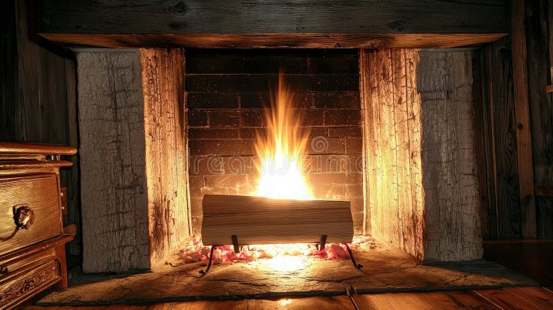 A Roaring Fire in a Brick Fireplace with a Log Burning and Flames ...