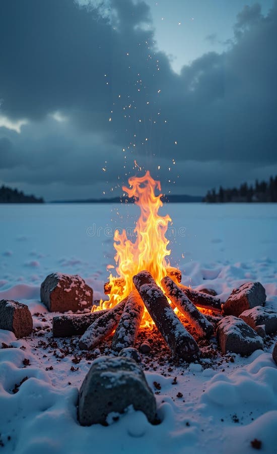 A Roaring Fire Burning in the Middle of a Snow Stock Illustration ...