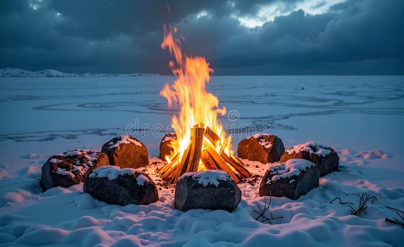 A Roaring Fire Burning in the Middle of a Snow Stock Illustration ...
