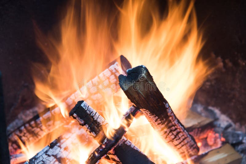 Roaring Fire in Fireplace with Logs and Flames Stock Image - Image of ...