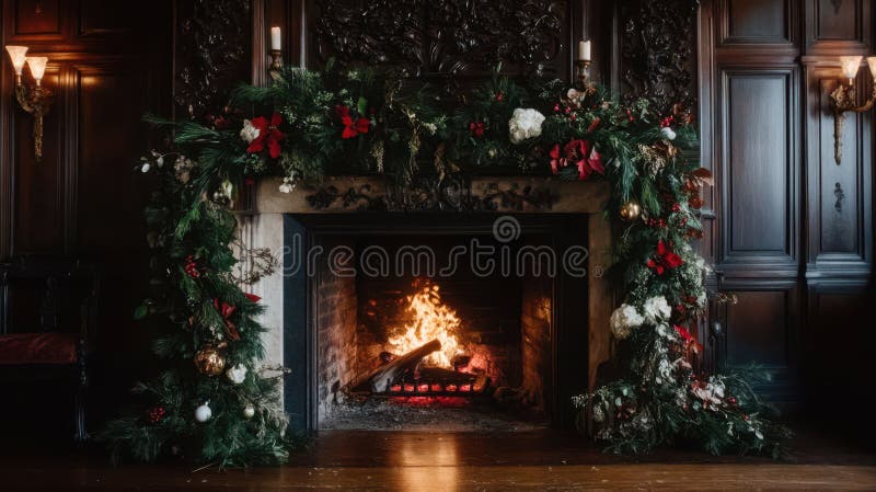 Roaring Fire in a Holiday Fireplace Decorated with Greenery Stock ...