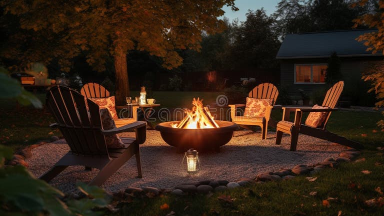 Roaring Fire in a Stone Fire Pit Wood Logs and Surrounded Trees at Dusk ...