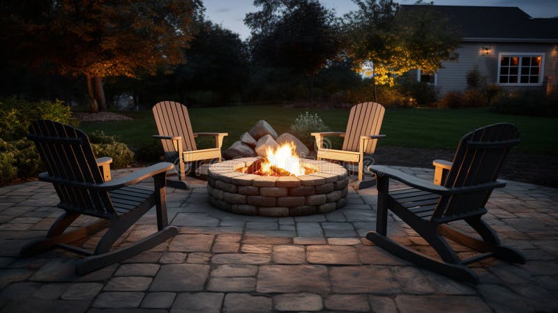 Roaring Fire in a Stone Fire Pit Wood Logs and Surrounded Trees at Dusk ...