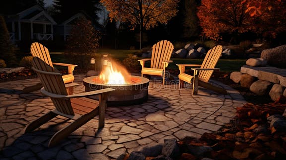 Roaring Fire in a Stone Fire Pit Wood Logs and Surrounded Trees at Dusk ...