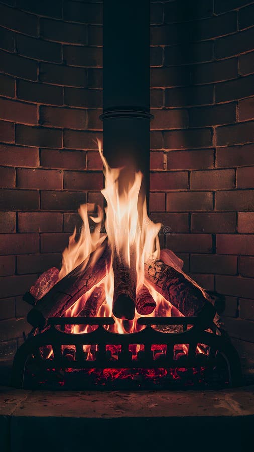 Roaring Fireplace, Triangular Logs, Warm Glow, Brick Walls Stock ...