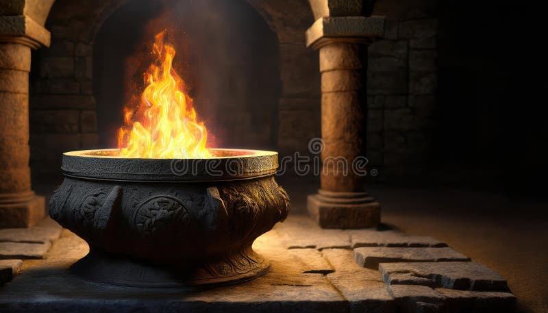 Roaring Flame Inside Stone Brazier Symbolizes Power on Ancient Altar ...