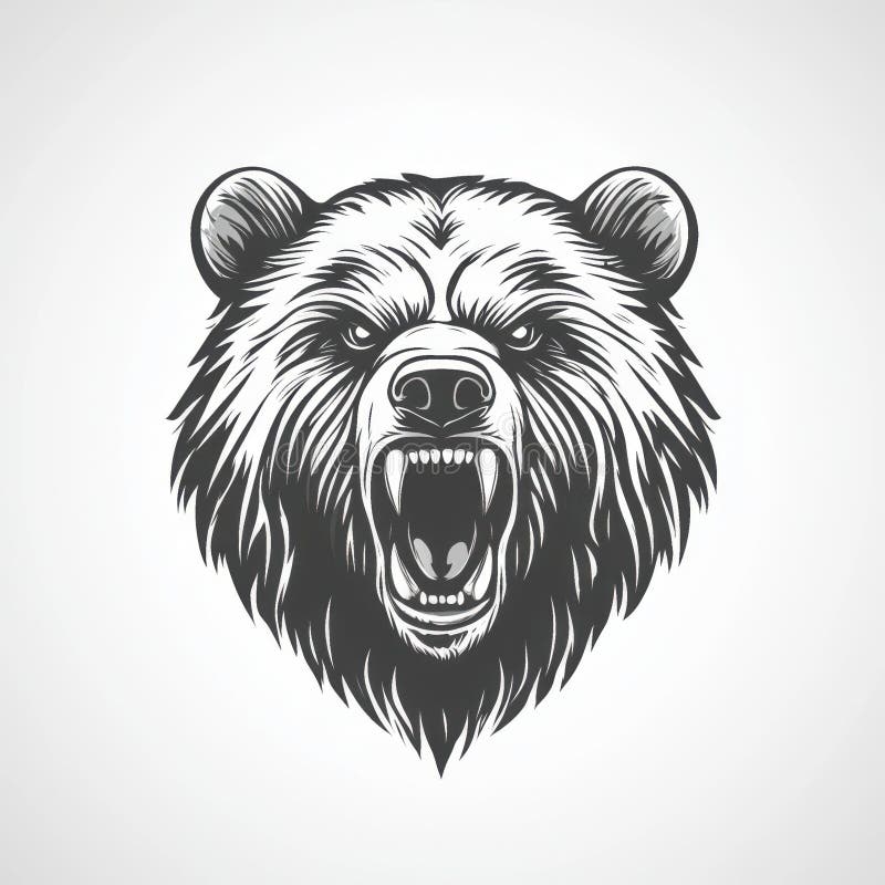 Roaring Grizzly Bear Head Black and White Illustration Stock Illustration - Illustration of ...