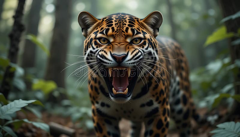 Roaring Leopard Portrait in Jungle Setting Wild Animal Aggression Stock ...