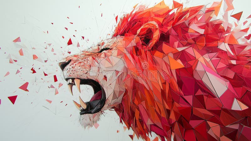 Roaring Lion Head Abstract Art With Red And Orange Polygonal Explosion Stock Illustration