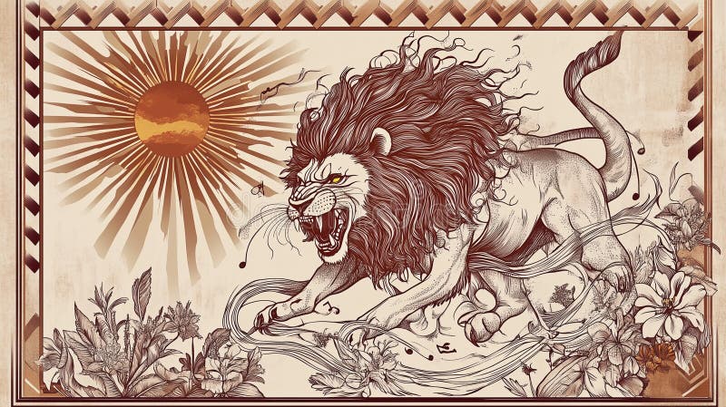 Roaring Lion Illustration with Sun and Floral Patterns Featuring ...
