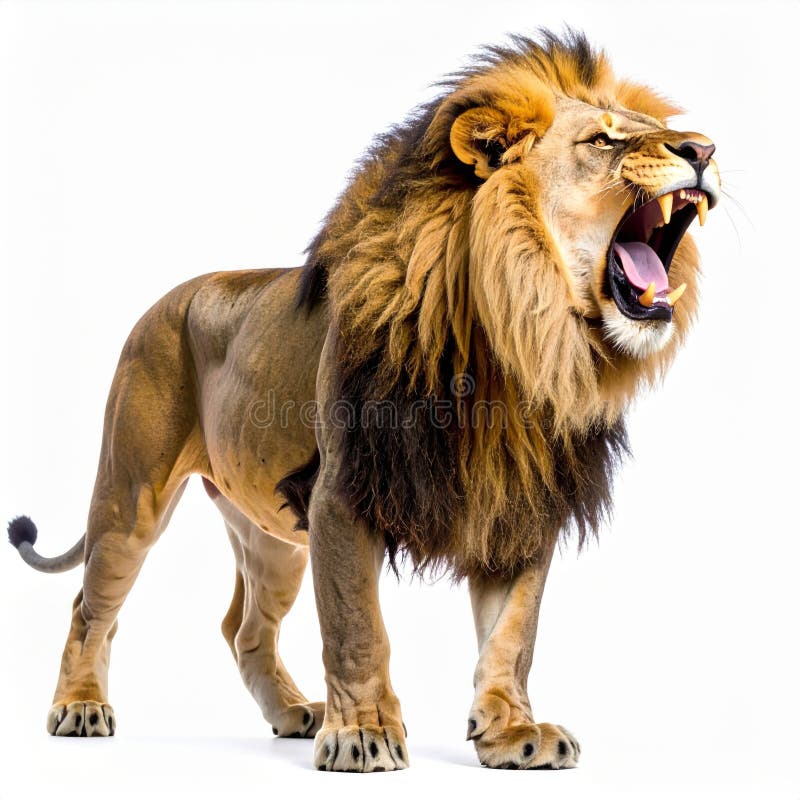 Roaring Lion Portrait with Full Mane on White Background Intense Gaze ...