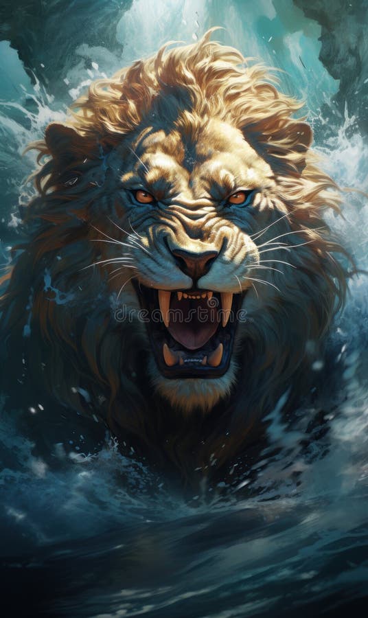 Roaring lion in the water. stock illustration. Illustration of king ...