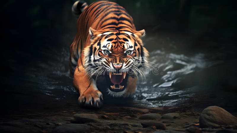 Roaring Tiger Crossing the Stream. AI Generated Stock Illustration ...