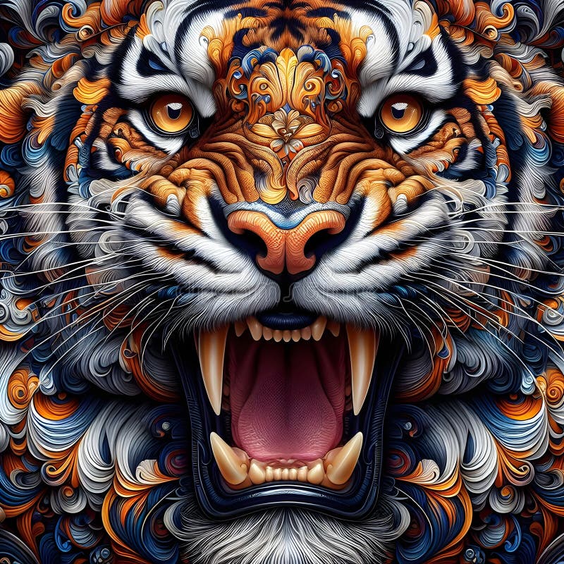 A Roaring Tiger in a Detailed, Abstract Style with Swirling Patterns ...