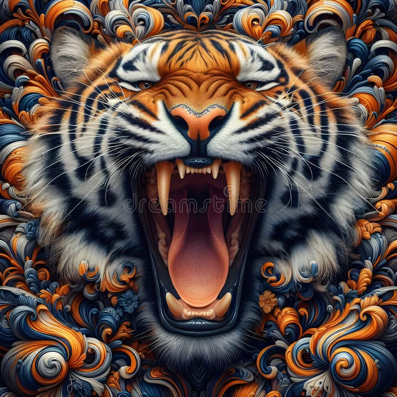 A Roaring Tiger in a Detailed, Abstract Style with Swirling Patterns ...