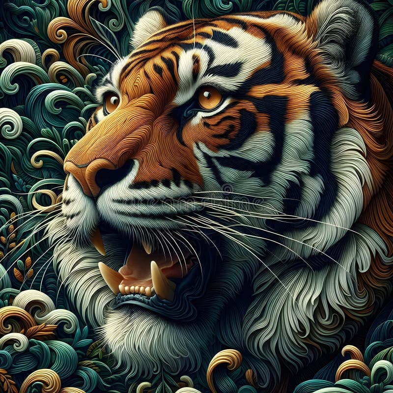 A Roaring Tiger in a Detailed, Abstract Style with Swirling Patterns ...