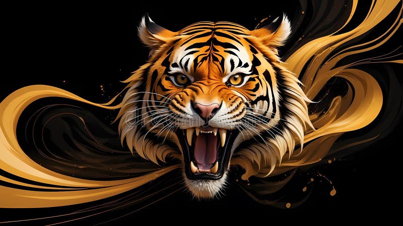 Ferocious Tiger Roaring with Orange and Black Stripes on Dark ...