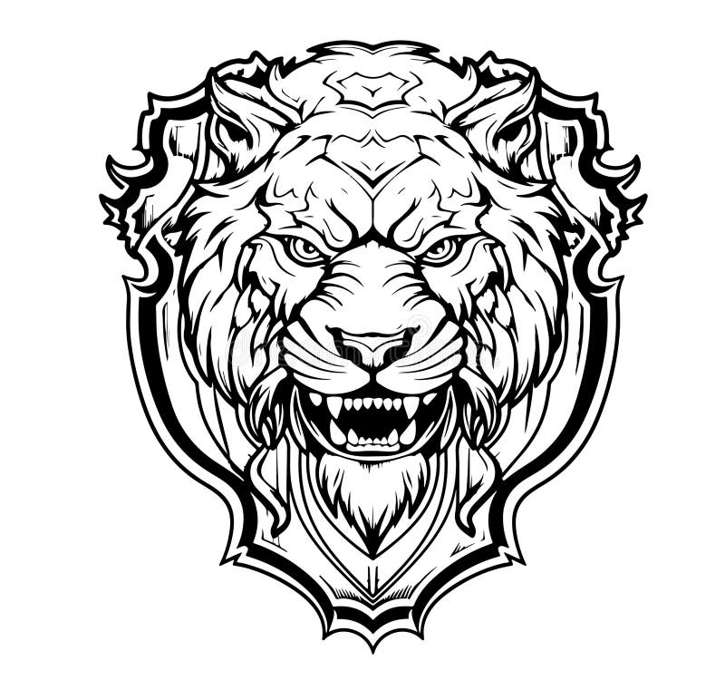 Roaring Tiger Face in Simple Heraldic Shield - Black and White Vector ...