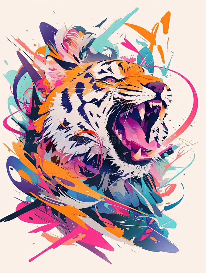 Roaring Tiger Head in Vibrant, Abstract, Colorful Splash Art Style ...