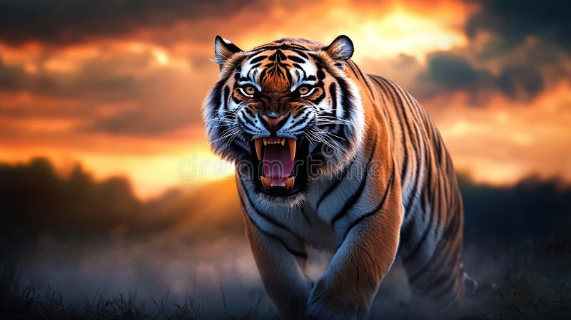Roaring tiger at sunset stock image. Image of teeth - 365887579