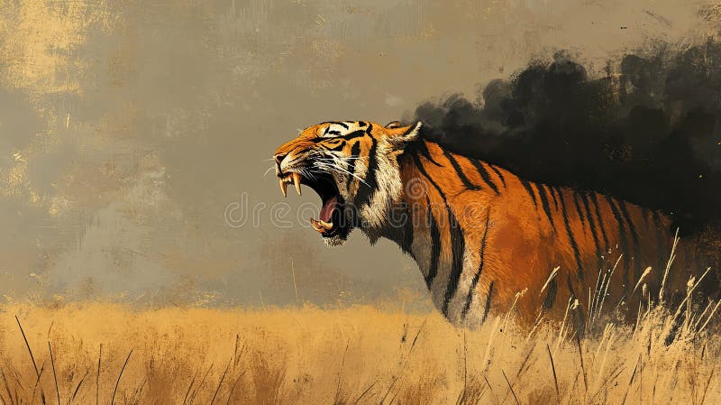 Roaring Tiger in Tall Grass, Dark Smoke Behind Stock Photo - Image of ...