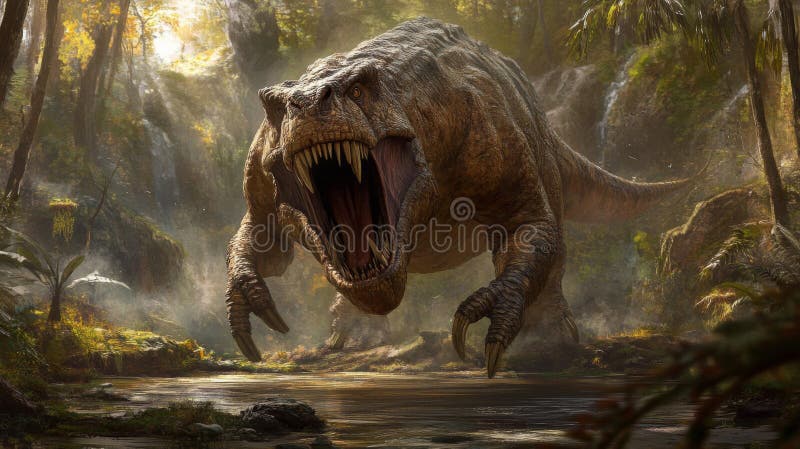Roaring Tyrannosaurus Rex in Lush Jungle Setting Stock Illustration ...