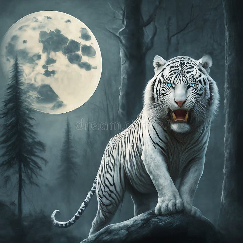 Roaring White Tiger Under a Full Moon Stock Photo - Image of powerful ...