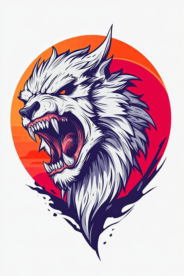 Roaring Wolf Head Illustration Against a Red Sun Background Stock ...